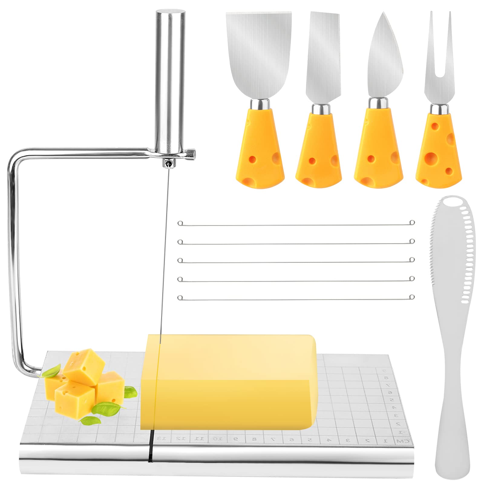 Stainless Steel Cheese Slicer with Accurate Size Scale Includes Wire Cheese Slicer, 5 Replacement Wires Cheese Cutters and 4 Mini Stainless Steel Cheese Knives Butter Knife & Fork for Cheese Butter