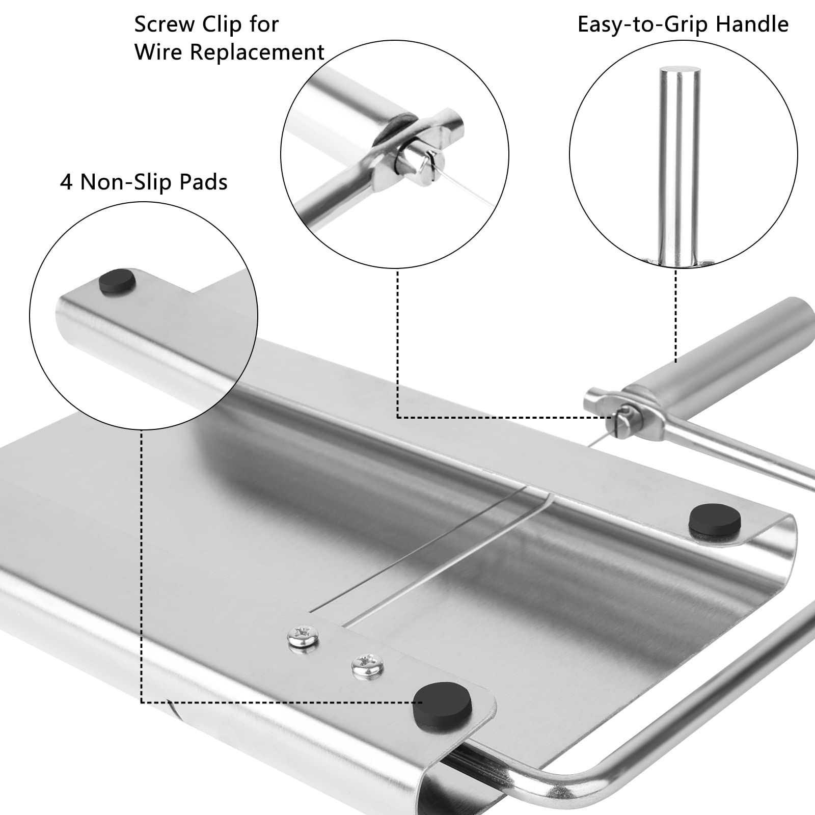 Stainless Steel Cheese Slicer with Accurate Size Scale Includes Wire Cheese Slicer, 5 Replacement Wires Cheese Cutters and 4 Mini Stainless Steel Cheese Knives Butter Knife & Fork for Cheese Butter