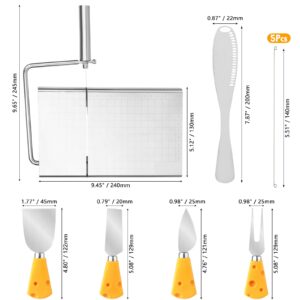 Stainless Steel Cheese Slicer with Accurate Size Scale Includes Wire Cheese Slicer, 5 Replacement Wires Cheese Cutters and 4 Mini Stainless Steel Cheese Knives Butter Knife & Fork for Cheese Butter