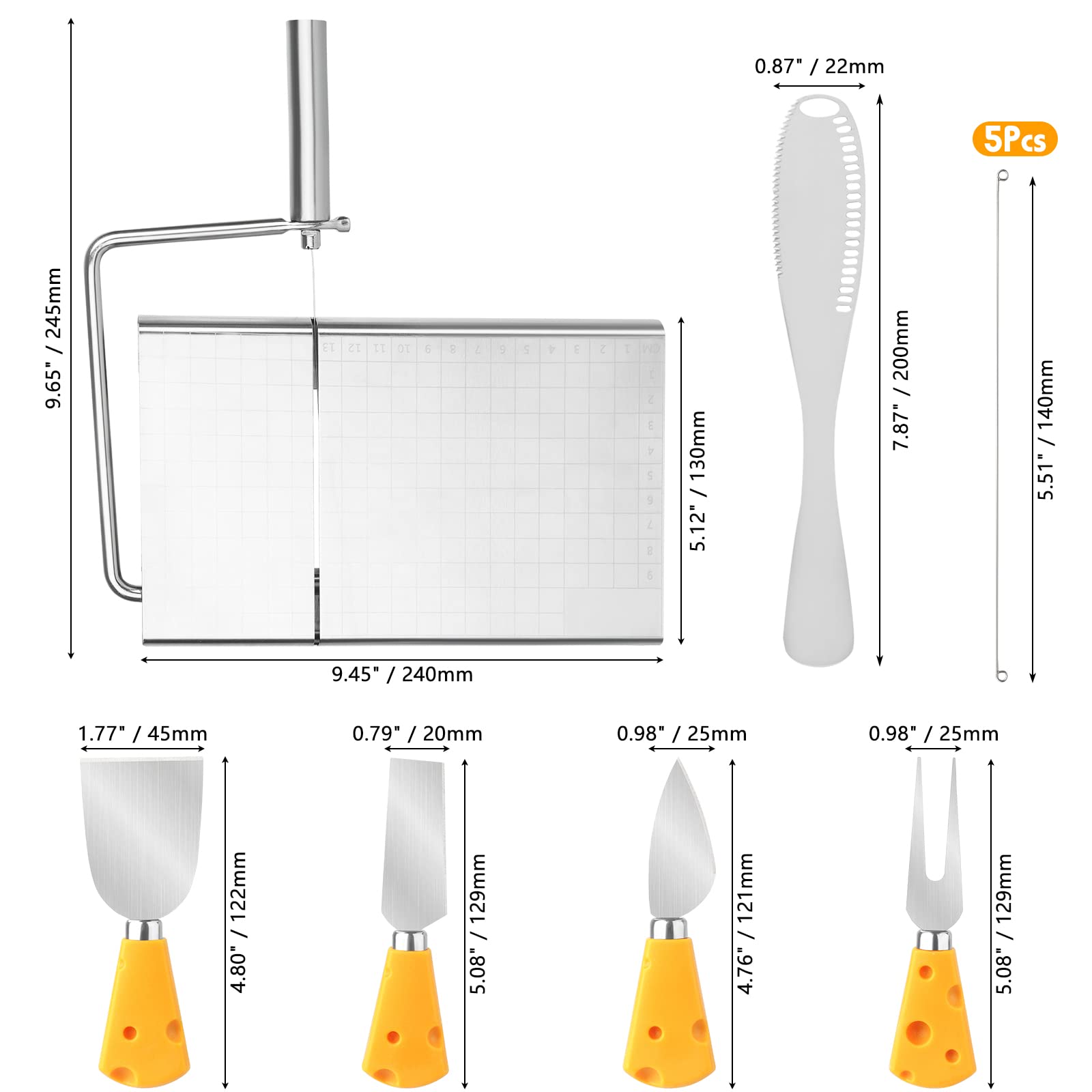 Stainless Steel Cheese Slicer with Accurate Size Scale Includes Wire Cheese Slicer, 5 Replacement Wires Cheese Cutters and 4 Mini Stainless Steel Cheese Knives Butter Knife & Fork for Cheese Butter