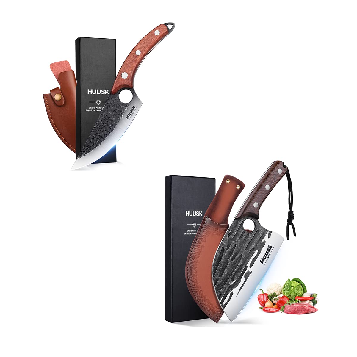 Huusk Chef Knives Bundle with Upgraded Serbian Chef Knife with Leather Sheath and Gift Box