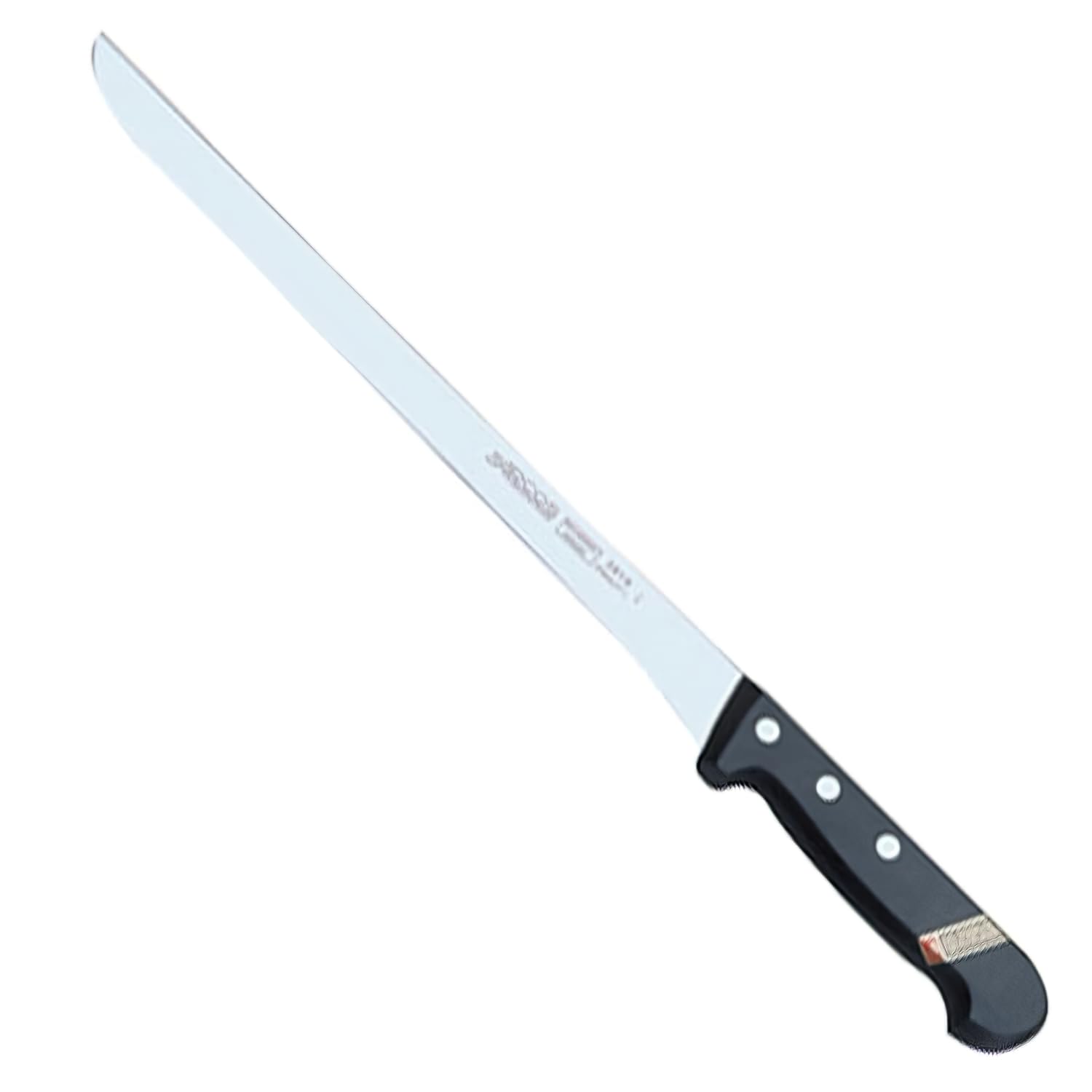 ARCOS Slicing Knife / Ham Knife 11 Inch Nitrum Stainless Steel and 280 mm blade. Ergonomic Polyoxymethylene POM Handle. Series Universal. Long, sturdy blade and serrated edge. Easily cuts. Color Black