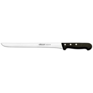 ARCOS Slicing Knife / Ham Knife 11 Inch Nitrum Stainless Steel and 280 mm blade. Ergonomic Polyoxymethylene POM Handle. Series Universal. Long, sturdy blade and serrated edge. Easily cuts. Color Black