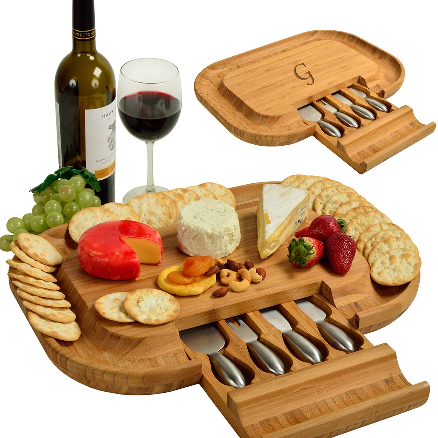 Picnic at Ascot Personalized Monogrammed Engraved Bamboo Cutting Board for Cheese & Charcuterie - includes Knife Set & Cheese Markers- Designed & Quality Checked in USA