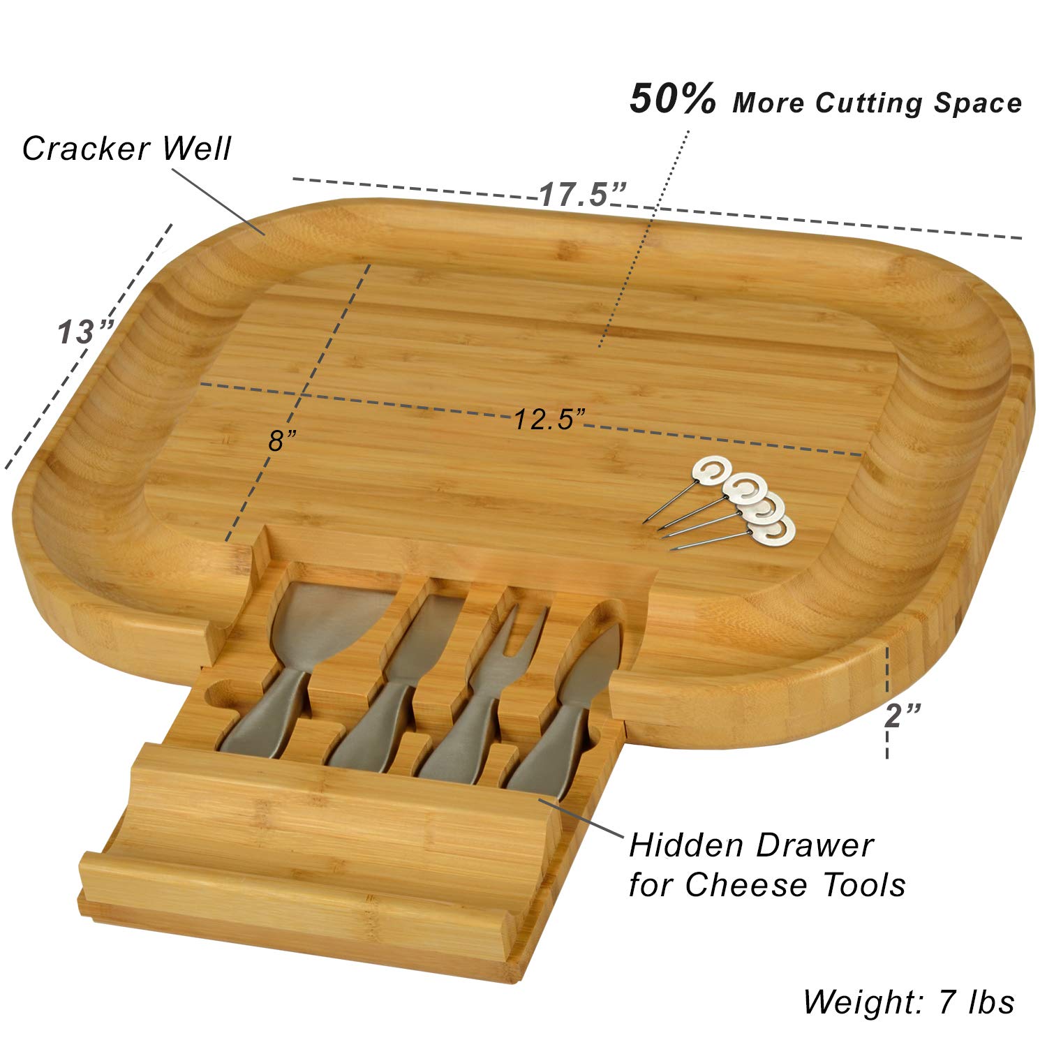 Picnic at Ascot Personalized Monogrammed Engraved Bamboo Cutting Board for Cheese & Charcuterie - includes Knife Set & Cheese Markers- Designed & Quality Checked in USA