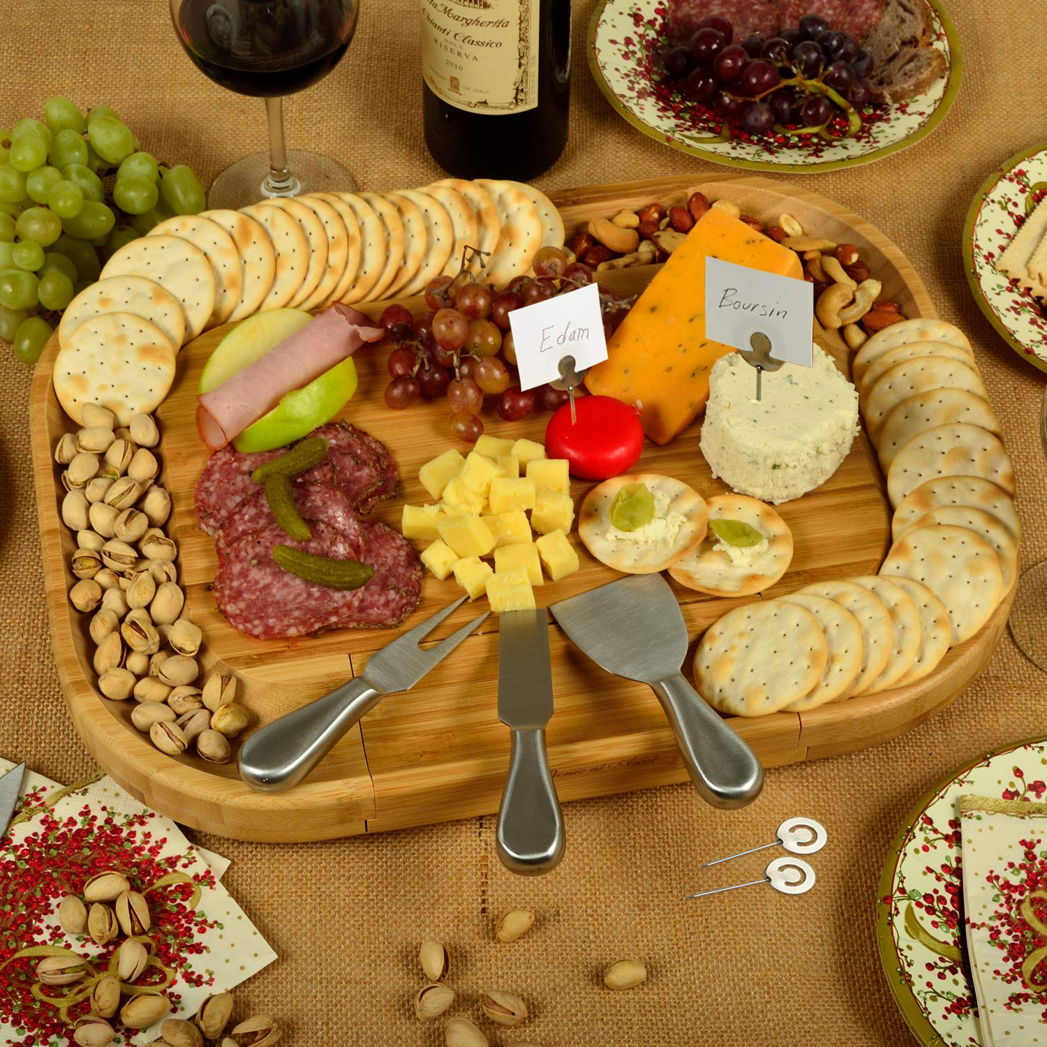 Picnic at Ascot Personalized Monogrammed Engraved Bamboo Cutting Board for Cheese & Charcuterie - includes Knife Set & Cheese Markers- Designed & Quality Checked in USA