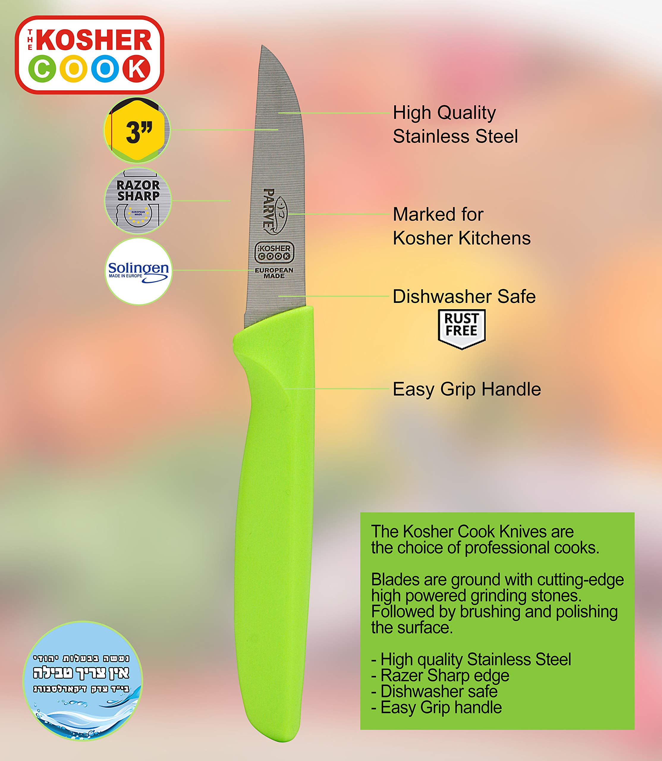 Parve Green 3” Paring Knife - Sharp Kitchen Knife - Ergonomic Handle, Pointed Tip - Color Coded Kitchen Tools by The Kosher Cook