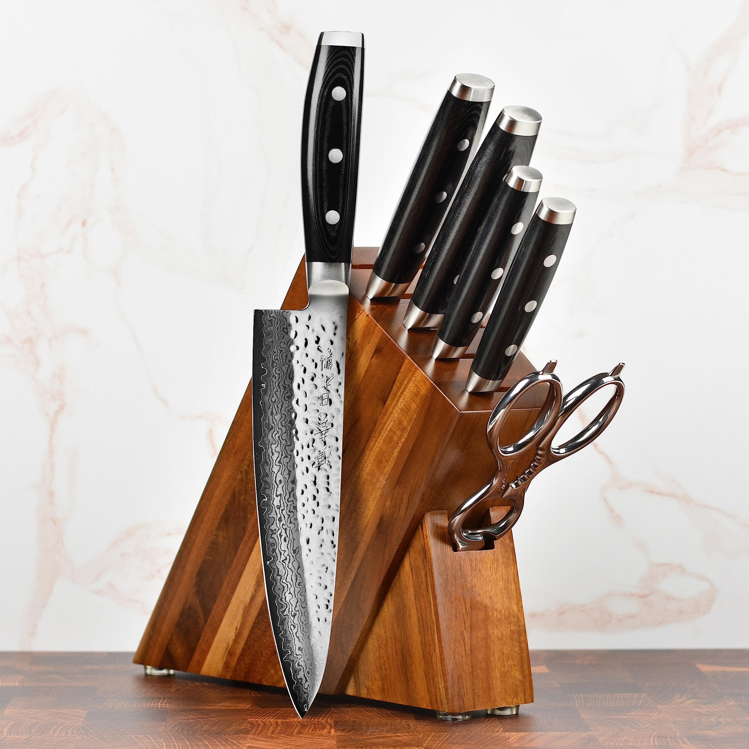 Enso Knife Set - Made in Japan - HD Series - VG10 Hammered Damascus Japanese Stainless Steel with Slim Acacia Knife Block - 7 Piece