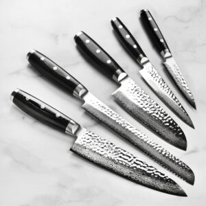 Enso Knife Set - Made in Japan - HD Series - VG10 Hammered Damascus Japanese Stainless Steel with Slim Acacia Knife Block - 7 Piece