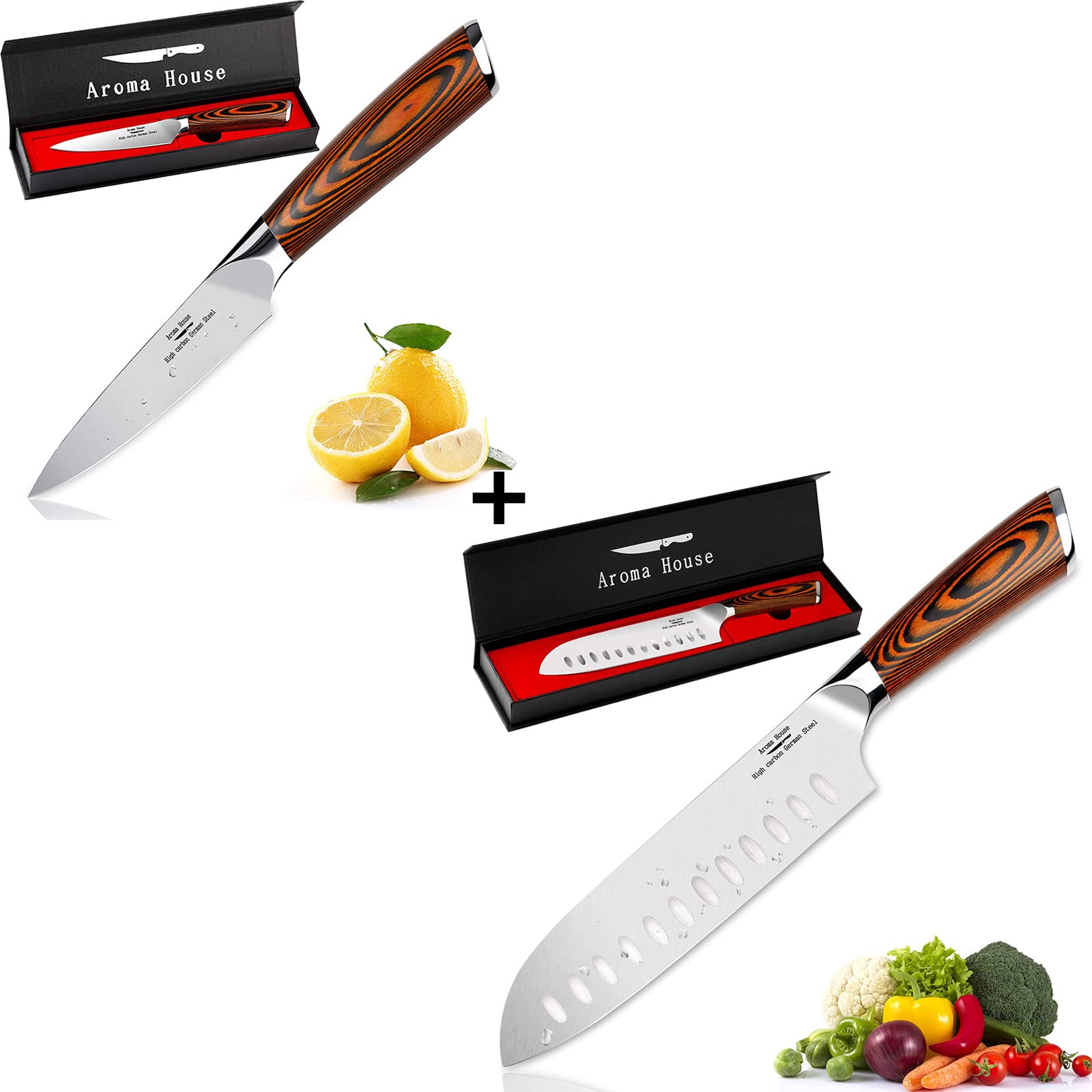 Aroma House CHRISTMAS Pratical Gift, Gift Box Packed, 4" PARING KNIFE & 7" SANTOKU KNIFE