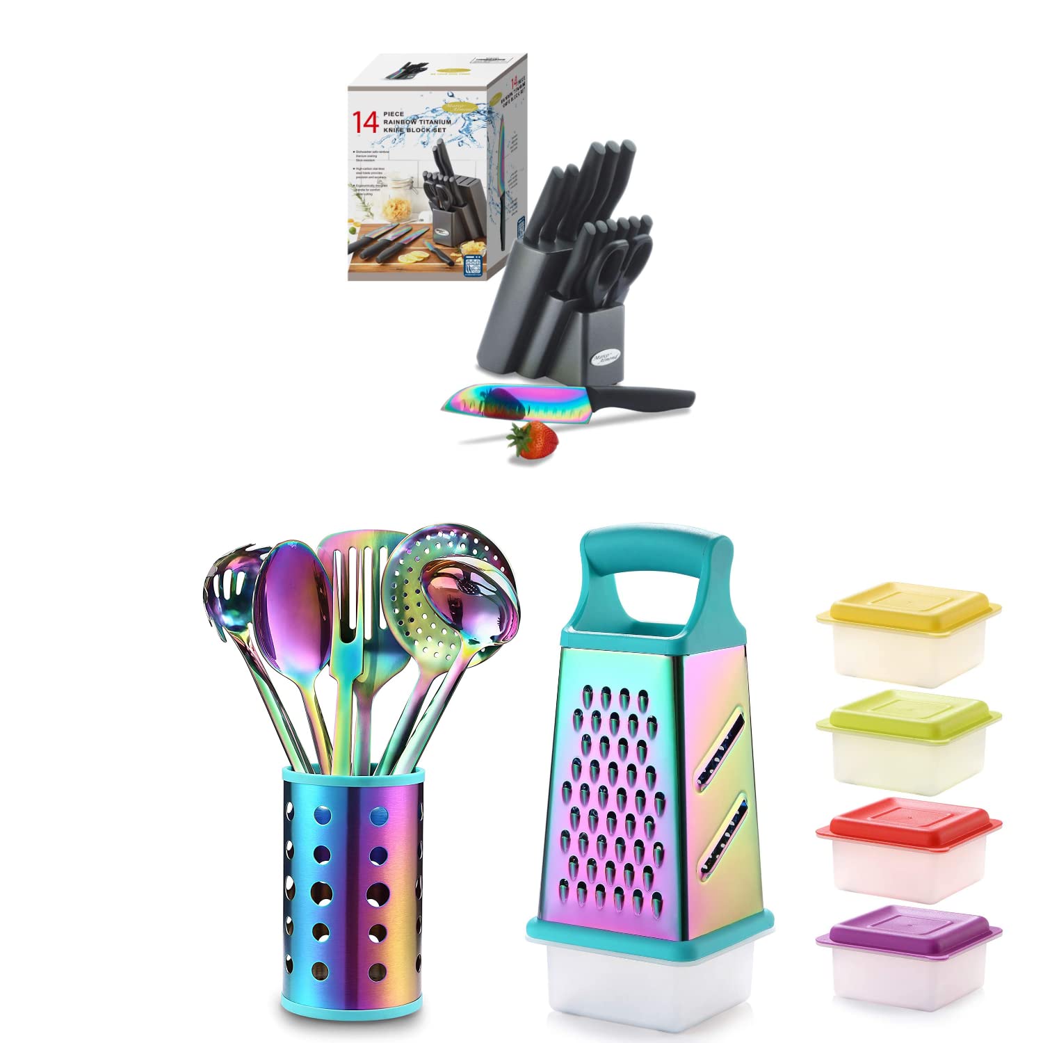 KYA25 Rainbow Color Knife Block Set + KYA52B 7 PCS Stainless Steel Cooking Utensils Sets with Titanium Plated + KYA57 rainbow Color box grater