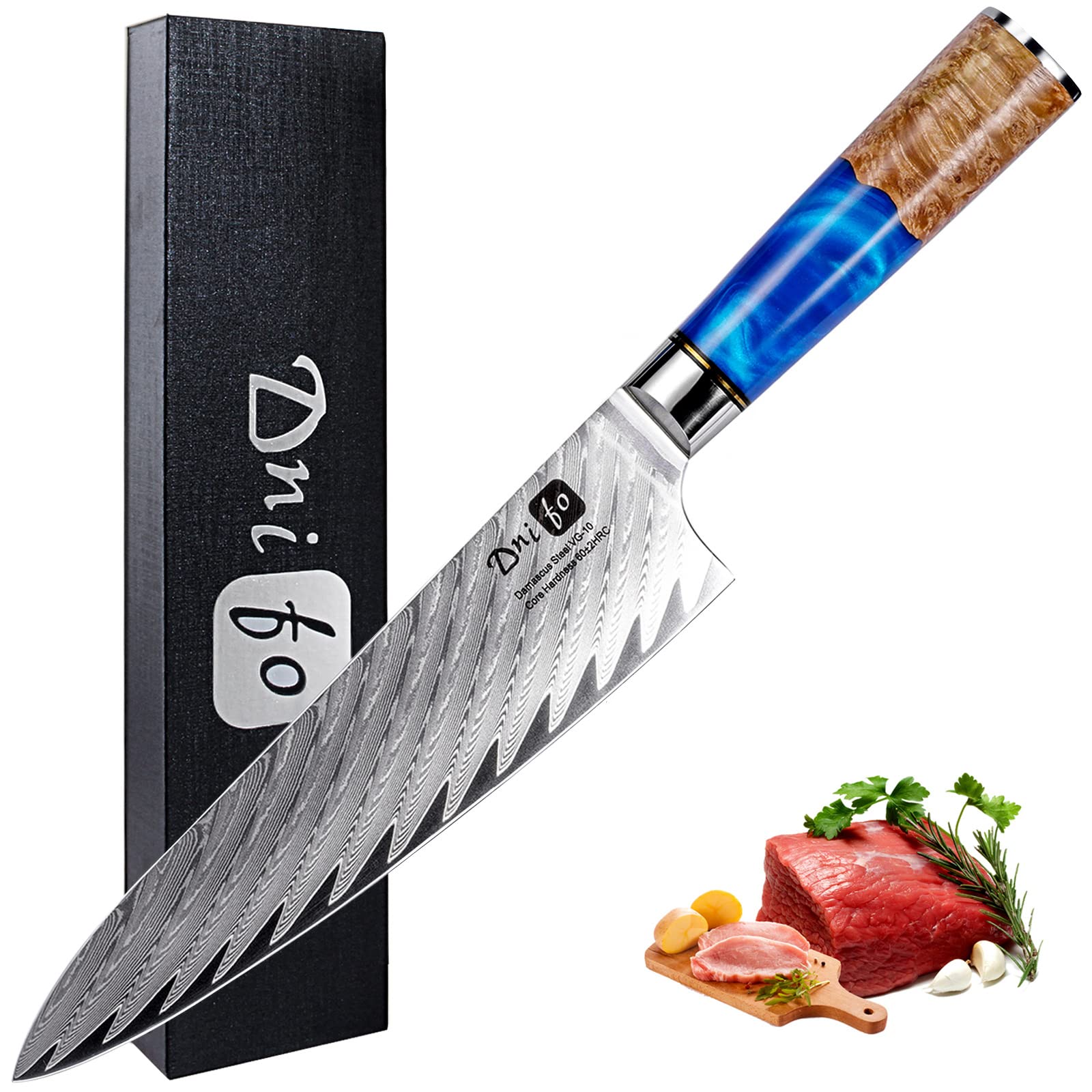 Dnifo Chef Knife, Damascus Chef Knife 8 inch, Damascus VG-10 67-Layer Steel Japanese Kitchen Knives, Full Tang Non-stick Blade and Anti-rusting Forged Cooking Knife with Gift Box