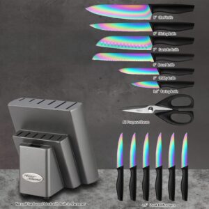 KYA25 Rainbow Color Knife Block Set + KYA52B 7 PCS Stainless Steel Cooking Utensils Sets with Titanium Plated + KYA57 rainbow Color box grater