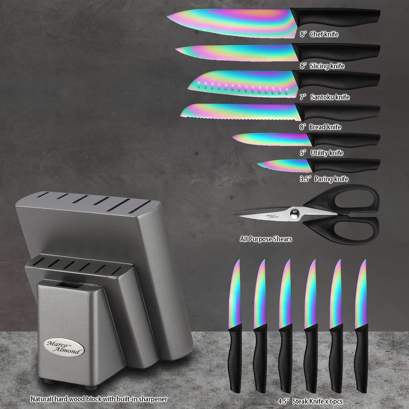 KYA25 Rainbow Color Knife Block Set + KYA52B 7 PCS Stainless Steel Cooking Utensils Sets with Titanium Plated + KYA57 rainbow Color box grater