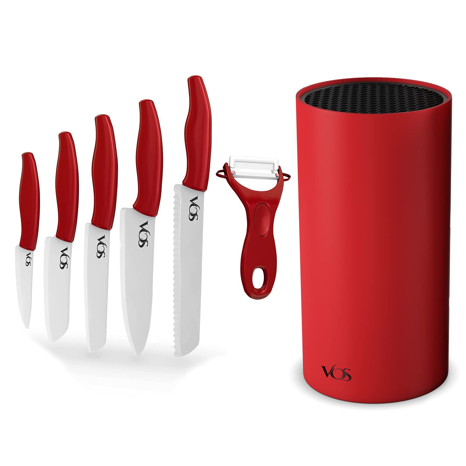 Vos Universal Knife Block and Ceramic Kitchen Knives With Peeler, Ceramic Paring Knife 4", 5", 6", 7", 8" Inch Red