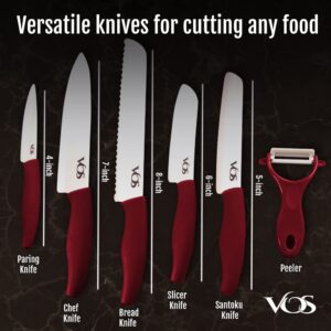 Vos Universal Knife Block and Ceramic Kitchen Knives With Peeler, Ceramic Paring Knife 4", 5", 6", 7", 8" Inch Red