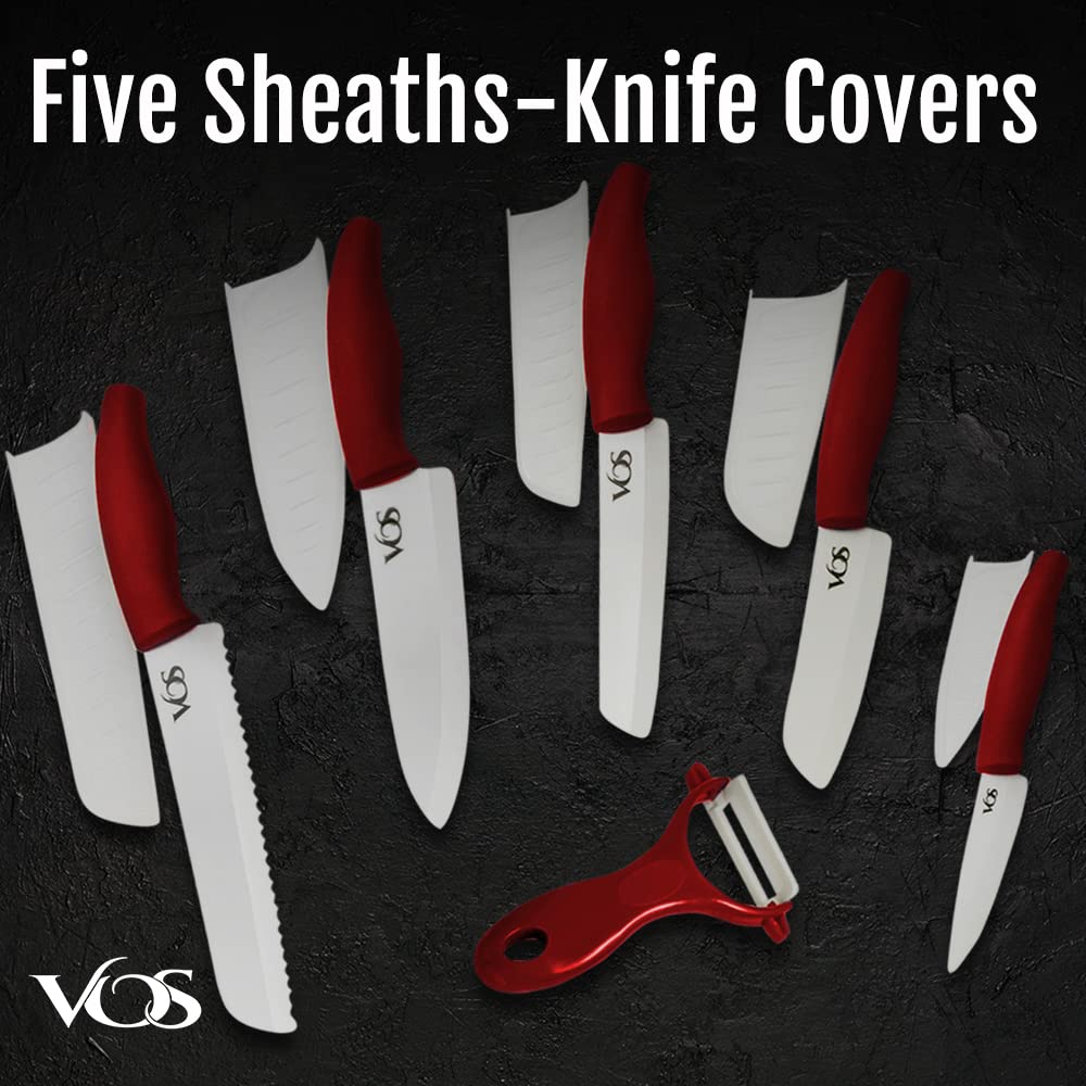 Vos Universal Knife Block and Ceramic Kitchen Knives With Peeler, Ceramic Paring Knife 4", 5", 6", 7", 8" Inch Red