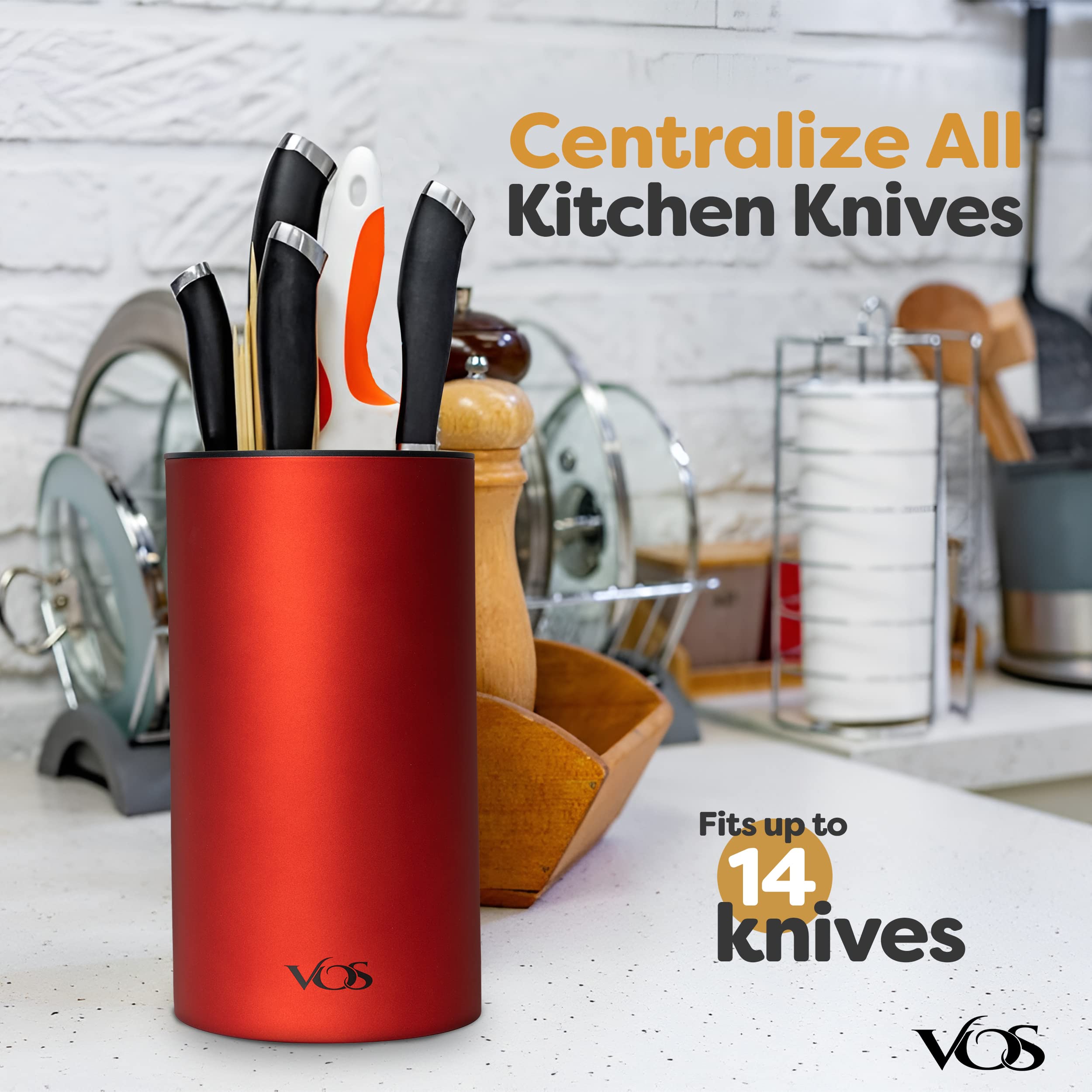 Vos Universal Knife Block and Ceramic Kitchen Knives With Peeler, Ceramic Paring Knife 4", 5", 6", 7", 8" Inch Red