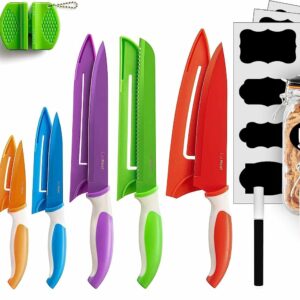 EatNeat 12 Pc Colorful Kitchen Knife Set 5 Piece Airtight Glass Kitchen Canisters with Black Lids - Includes Premium Black Labels and White Marker