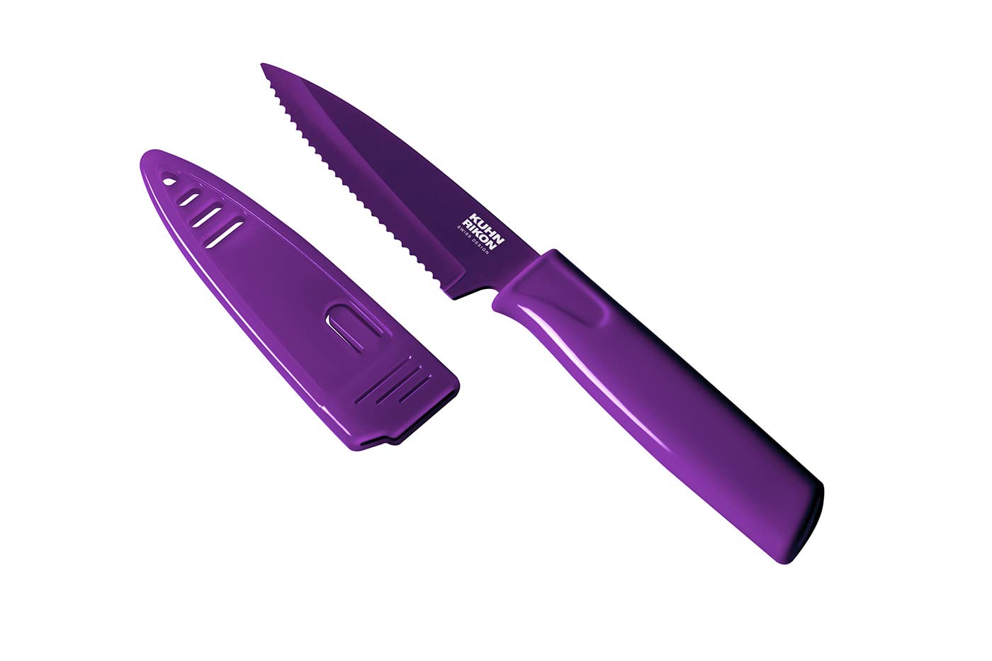 KUHN RIKON Colori Non-Stick Serrated Paring Knife with Safety Sheath, 4 inch, Purple