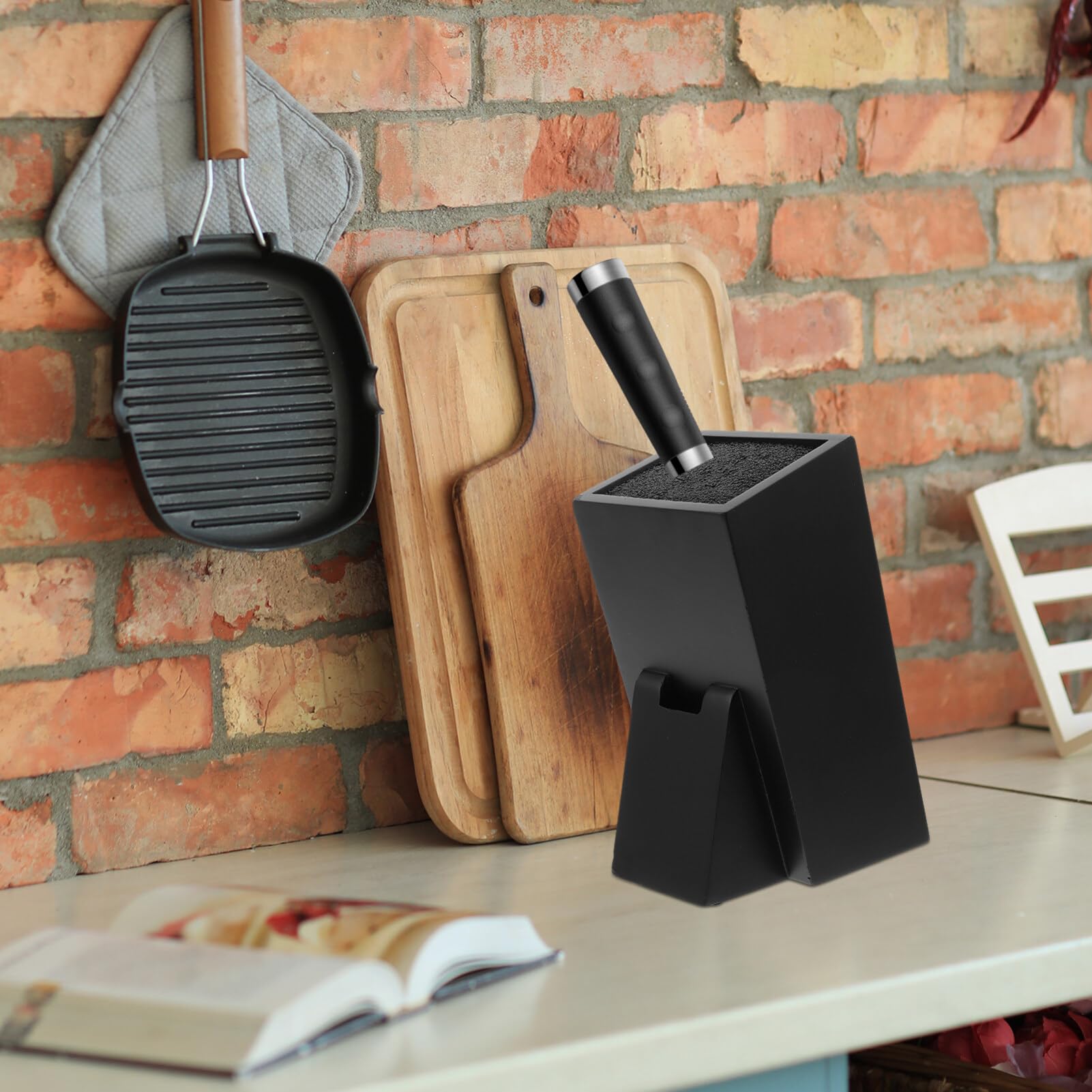 Luxshiny Wood Knife Block Without Knives Universal Kitchen Counter Knife Holder Knife Cutter Blocks Storage Organizer for Home Kitchen Restaurant Black