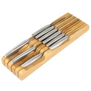 bamboo kitchen knife block holder organizer - holds 5 long + 6 short knives (not included), fits most knife sizes, rubber feet, sustainable bamboo, in-drawer design