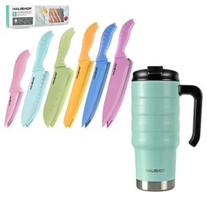 haushof seafoam green 24 oz travel mug and 6pc kitchen knife set