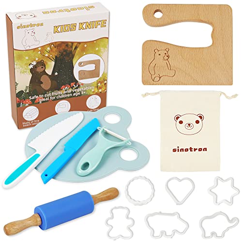 sinotron 13 PCS Toddler Knife, Kids Knifes for Real Cooking, Montessori Kitchen Tools for Toddlers, Kids Knife Set with Wooden Knife, Cutting Board, Cookie Cutters, Peeler, Rolling Pin (Bear)