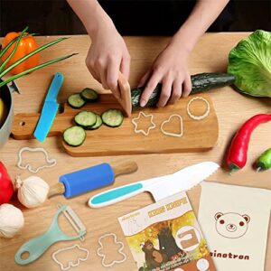 sinotron 13 PCS Toddler Knife, Kids Knifes for Real Cooking, Montessori Kitchen Tools for Toddlers, Kids Knife Set with Wooden Knife, Cutting Board, Cookie Cutters, Peeler, Rolling Pin (Bear)