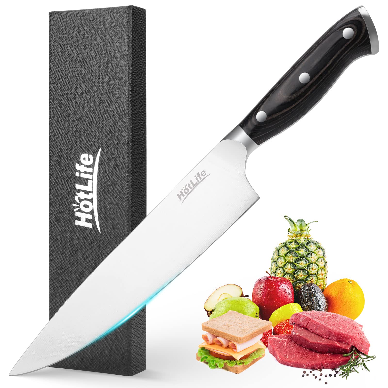 HOTLIFE Chef's Knife 8 inch, Utility Razor-Sharp Kitchen Knives Cutting Bread, Steak Meat, Vegetable Fruits - German HC Stainless Steel, Ergonomic Handle with Gift Box