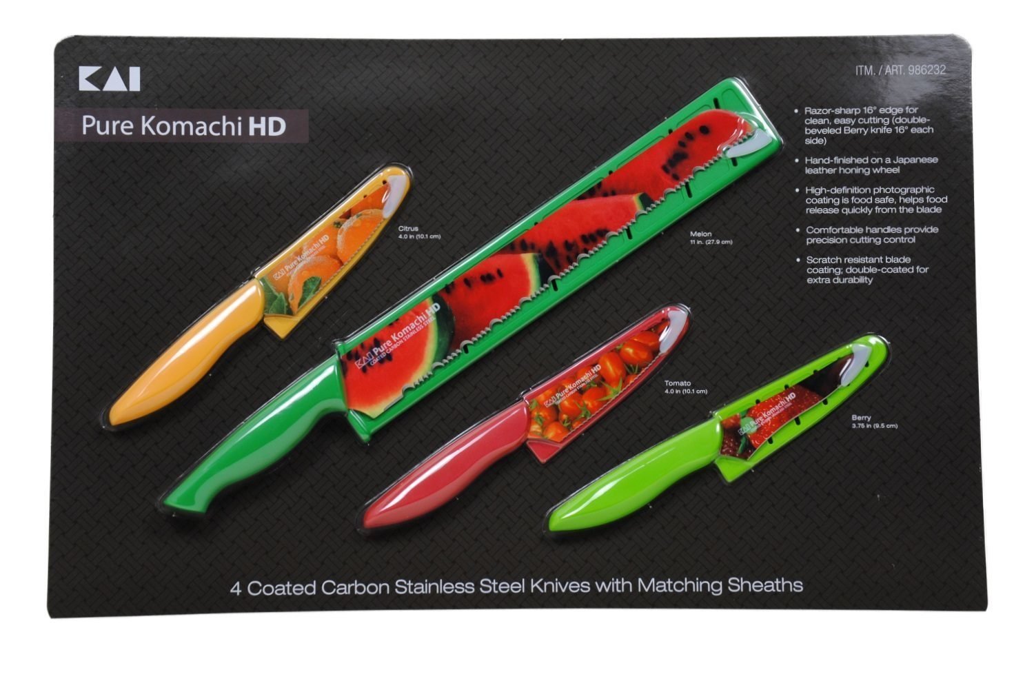 Pure Komachi HD 4 Coated Carbon Stainless Steel Knives with Matching Sheaths (Melon, Citrus, Tomato, and Berry)