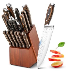 COSTWAY Kitchen Knife Set, Full Tang Knife Set with Block, Sharpener & Kitchen Shears, Includes Chef Knife, Bread Knife, Santoku Knife, Utility Knife, Paring Knife, 6 Steak Knives (15-Pieces, Brown)