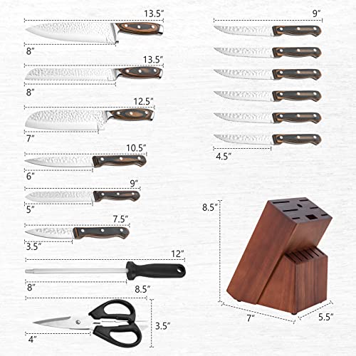 COSTWAY Kitchen Knife Set, Full Tang Knife Set with Block, Sharpener & Kitchen Shears, Includes Chef Knife, Bread Knife, Santoku Knife, Utility Knife, Paring Knife, 6 Steak Knives (15-Pieces, Brown)