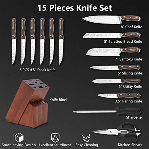 COSTWAY Kitchen Knife Set, Full Tang Knife Set with Block, Sharpener & Kitchen Shears, Includes Chef Knife, Bread Knife, Santoku Knife, Utility Knife, Paring Knife, 6 Steak Knives (15-Pieces, Brown)