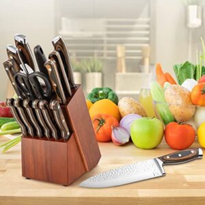 COSTWAY Kitchen Knife Set, Full Tang Knife Set with Block, Sharpener & Kitchen Shears, Includes Chef Knife, Bread Knife, Santoku Knife, Utility Knife, Paring Knife, 6 Steak Knives (15-Pieces, Brown)