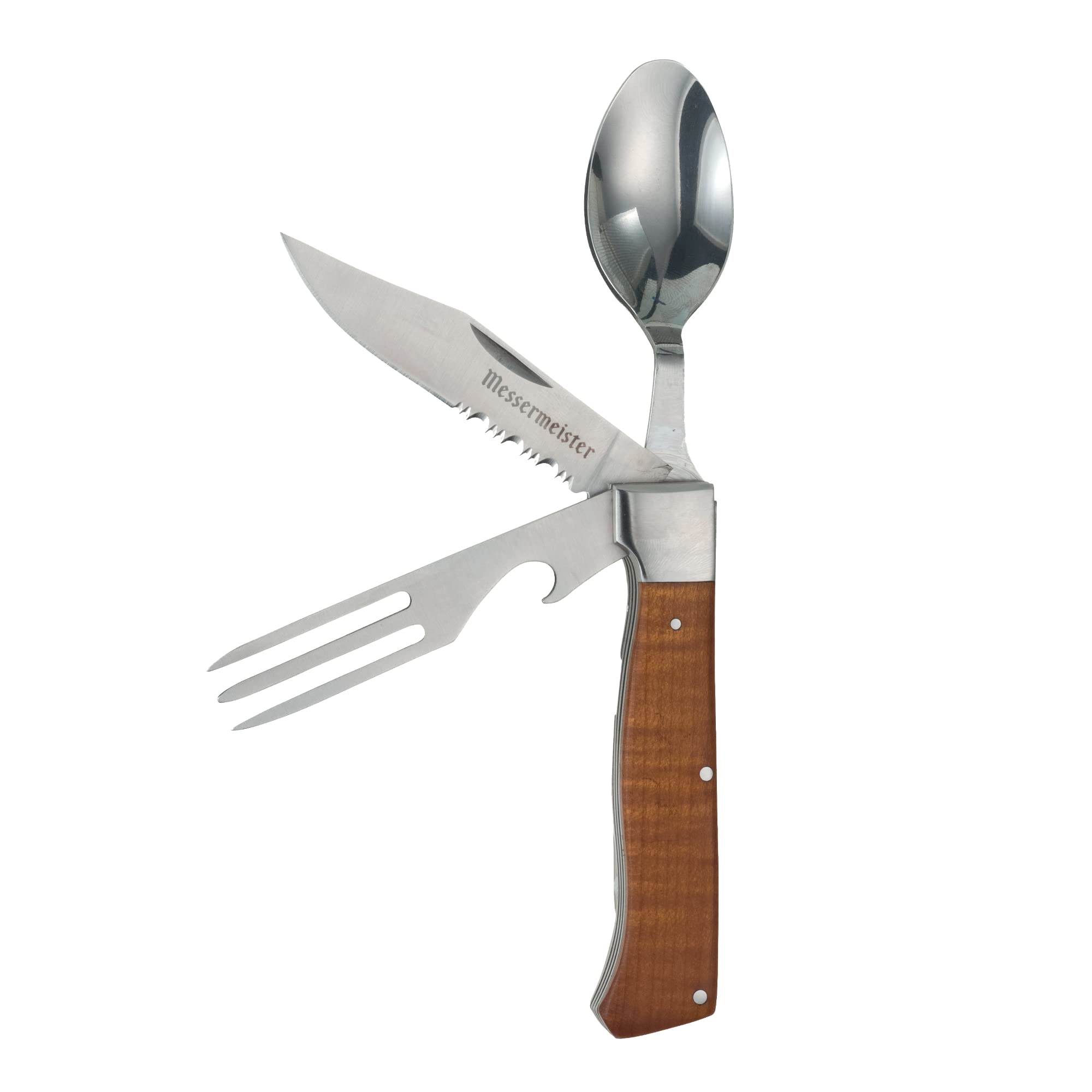 Messermeister Adventure Chef Folding Camp Utensil - Full-Sized Steak Knife, Fork, Spoon + Bottle Opener - 303 Stainless Steel & Carbonized Maple Handle