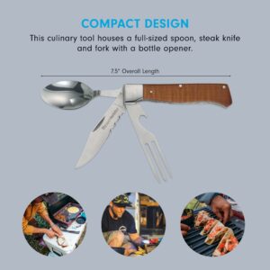 Messermeister Adventure Chef Folding Camp Utensil - Full-Sized Steak Knife, Fork, Spoon + Bottle Opener - 303 Stainless Steel & Carbonized Maple Handle