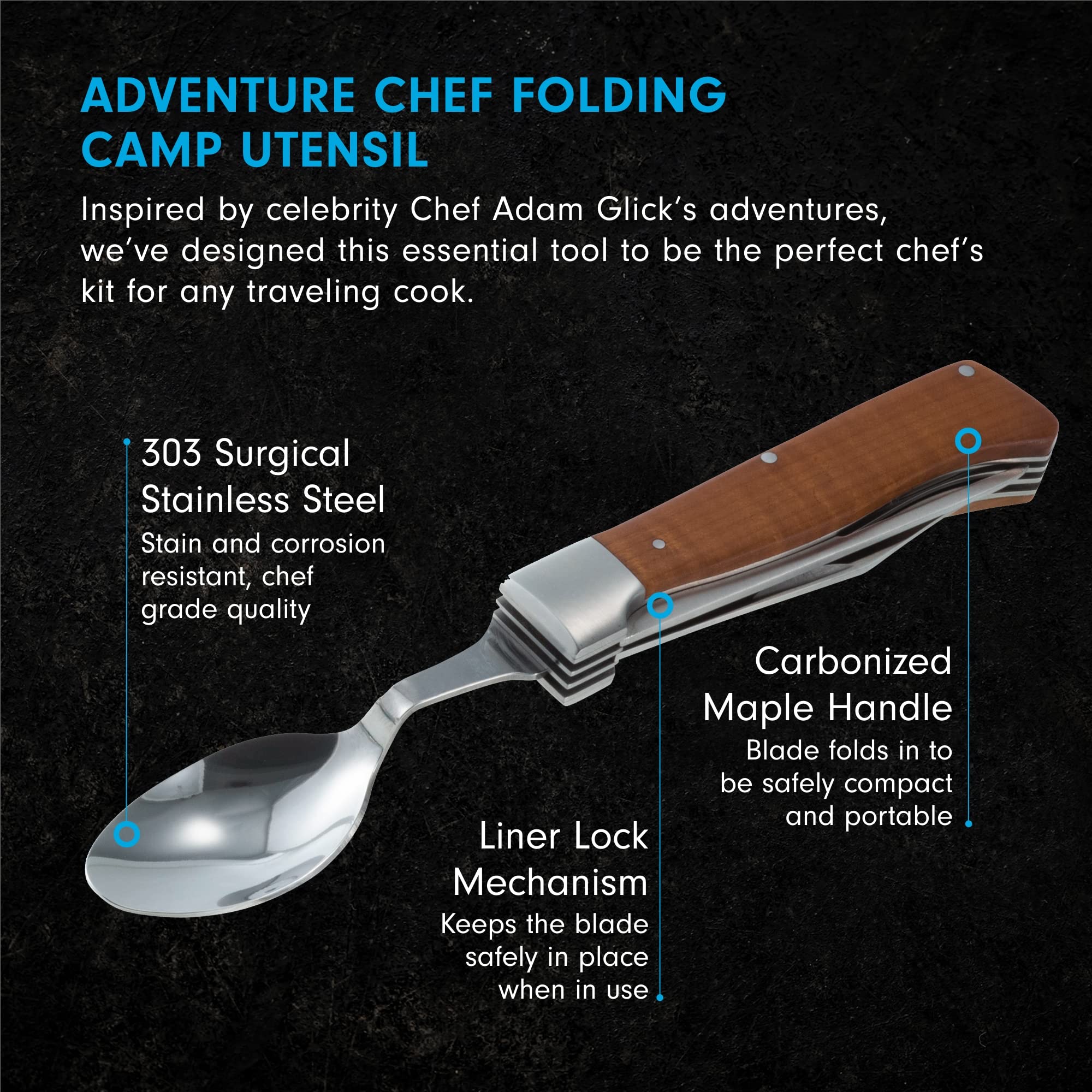 Messermeister Adventure Chef Folding Camp Utensil - Full-Sized Steak Knife, Fork, Spoon + Bottle Opener - 303 Stainless Steel & Carbonized Maple Handle