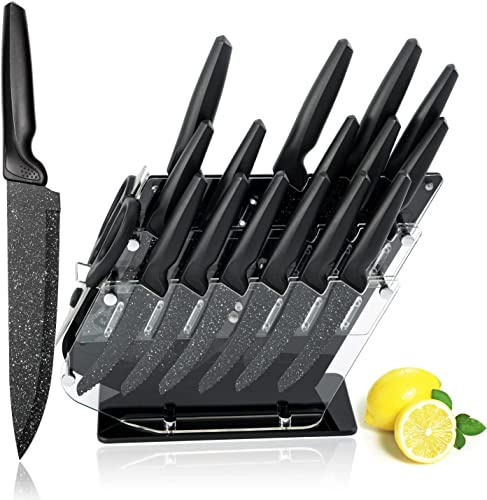 Knife Set, 17 Pcs Kitchen Knife Set, Chef Knife Block Set, German Stainless Steel Cooking Knife Set & Acrylic Stand, Kitchen Scissors, 6 Steak Knives