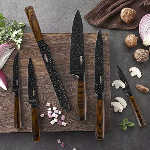 Wodillo Knife Set,12-Piece Kitchen Knife Set with Storage Block,High Carbon German Stainless Steel Block Knife Set with Japanese Designed Wooden Pattern Stainless Handle and 6 Steak Knives