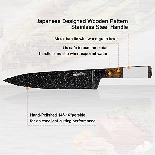 Wodillo Knife Set,12-Piece Kitchen Knife Set with Storage Block,High Carbon German Stainless Steel Block Knife Set with Japanese Designed Wooden Pattern Stainless Handle and 6 Steak Knives