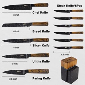 Wodillo Knife Set,12-Piece Kitchen Knife Set with Storage Block,High Carbon German Stainless Steel Block Knife Set with Japanese Designed Wooden Pattern Stainless Handle and 6 Steak Knives