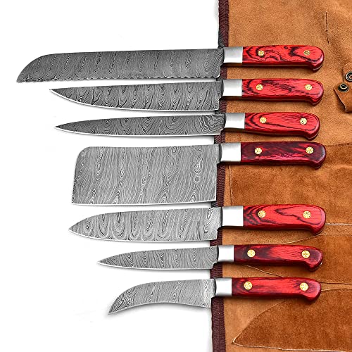 Professional Kitchen Knives Custom Made Damascus Steel 6 pcs of Professional Utility Chef Kitchen Knife Set Chef Knife with Roll Bag.