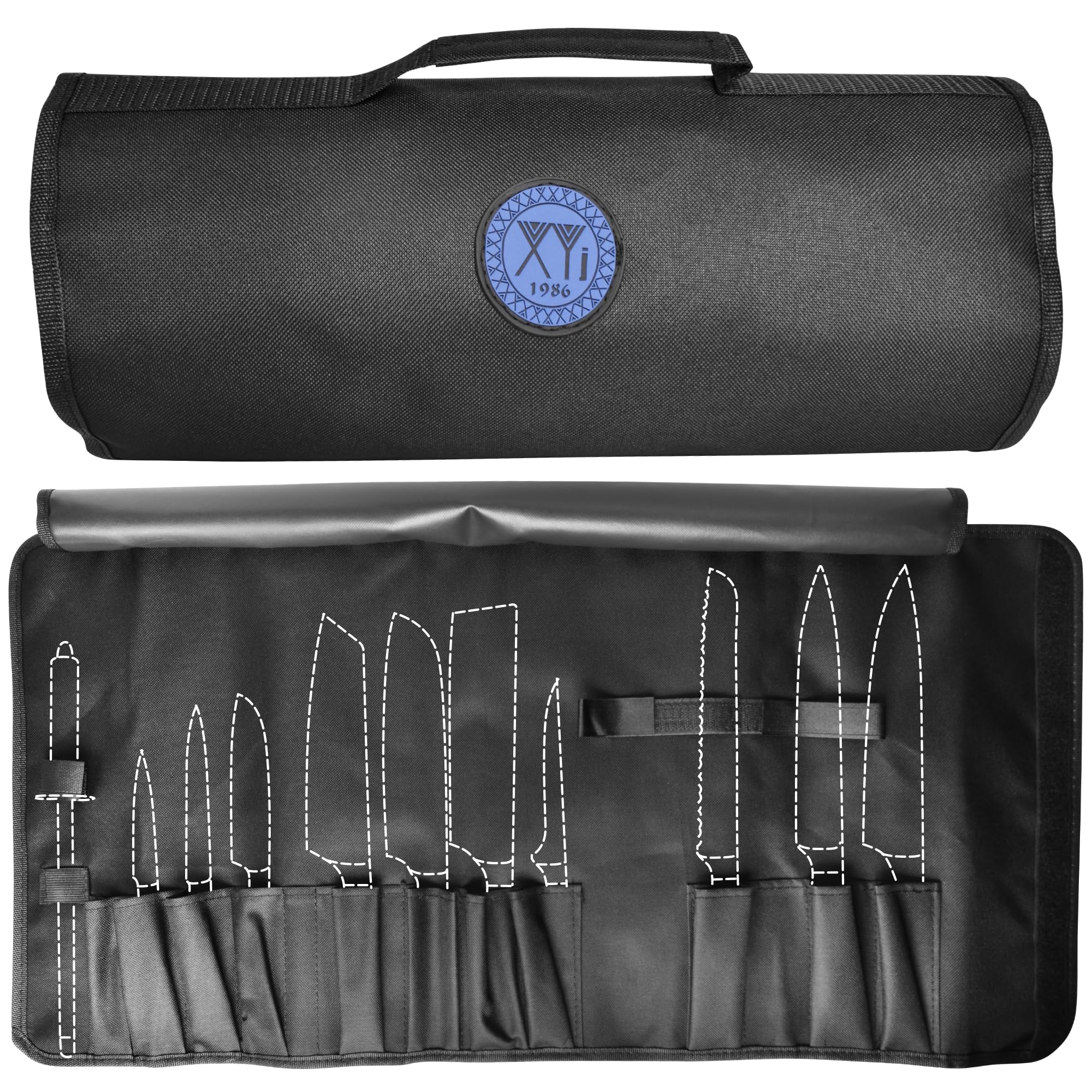 XYJ Kithcen Knife Roll Bag (13 slots) Holds 12pcs Knives and Sharpener Rod Chef Cooking Portable Durable Storage Pockets Black Roll Bag Carry Case Bag (Knives Not Included)