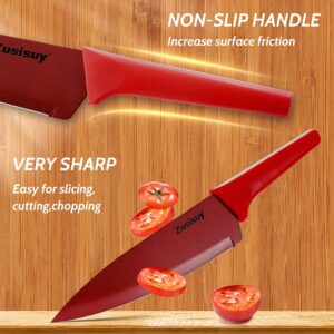 Zusisuy Red Professional Kitchen Knife Chef Set, Kitchen Knife Set Stainless Steel, Kitchen Knife Set Dishwasher Safe with Sheathes