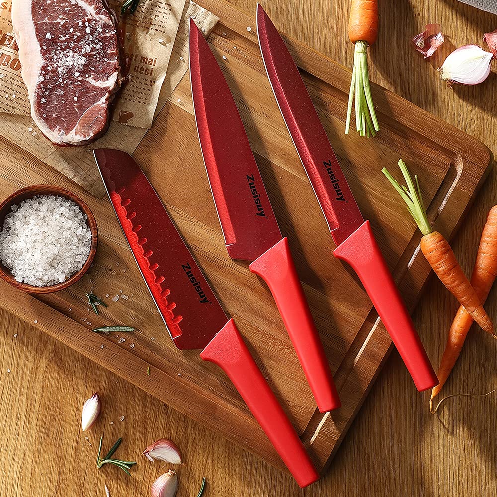 Zusisuy Red Professional Kitchen Knife Chef Set, Kitchen Knife Set Stainless Steel, Kitchen Knife Set Dishwasher Safe with Sheathes