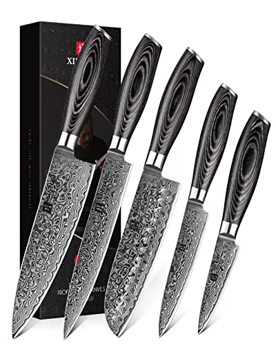 XINZUO 5PC Kitchen Knife Set Damascus Steel High Carbon Steel Chef Knife Slicing Knife Santoku Knife Utility Knife Paring Knife Sets with Pakkawood - Ya Series