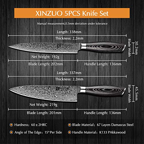 XINZUO 5PC Kitchen Knife Set Damascus Steel High Carbon Steel Chef Knife Slicing Knife Santoku Knife Utility Knife Paring Knife Sets with Pakkawood - Ya Series