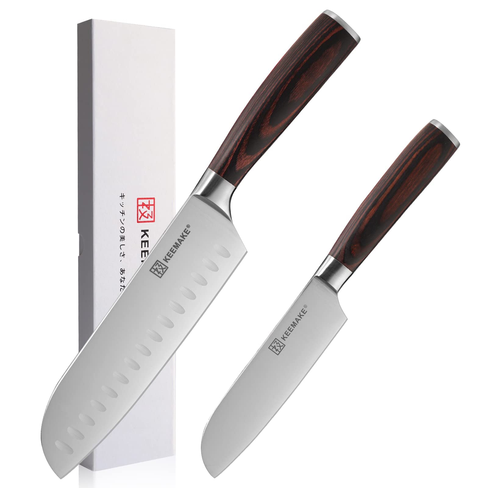 KEEMAKE Santoku Knife Set of 2pcs, Japanese Chef Knife Set with German High Carbon Stainless Steel 1.4116 Kitchen Knives, Knife Set with Pakkawood Handle Knife for Kitchen Cutting Knife