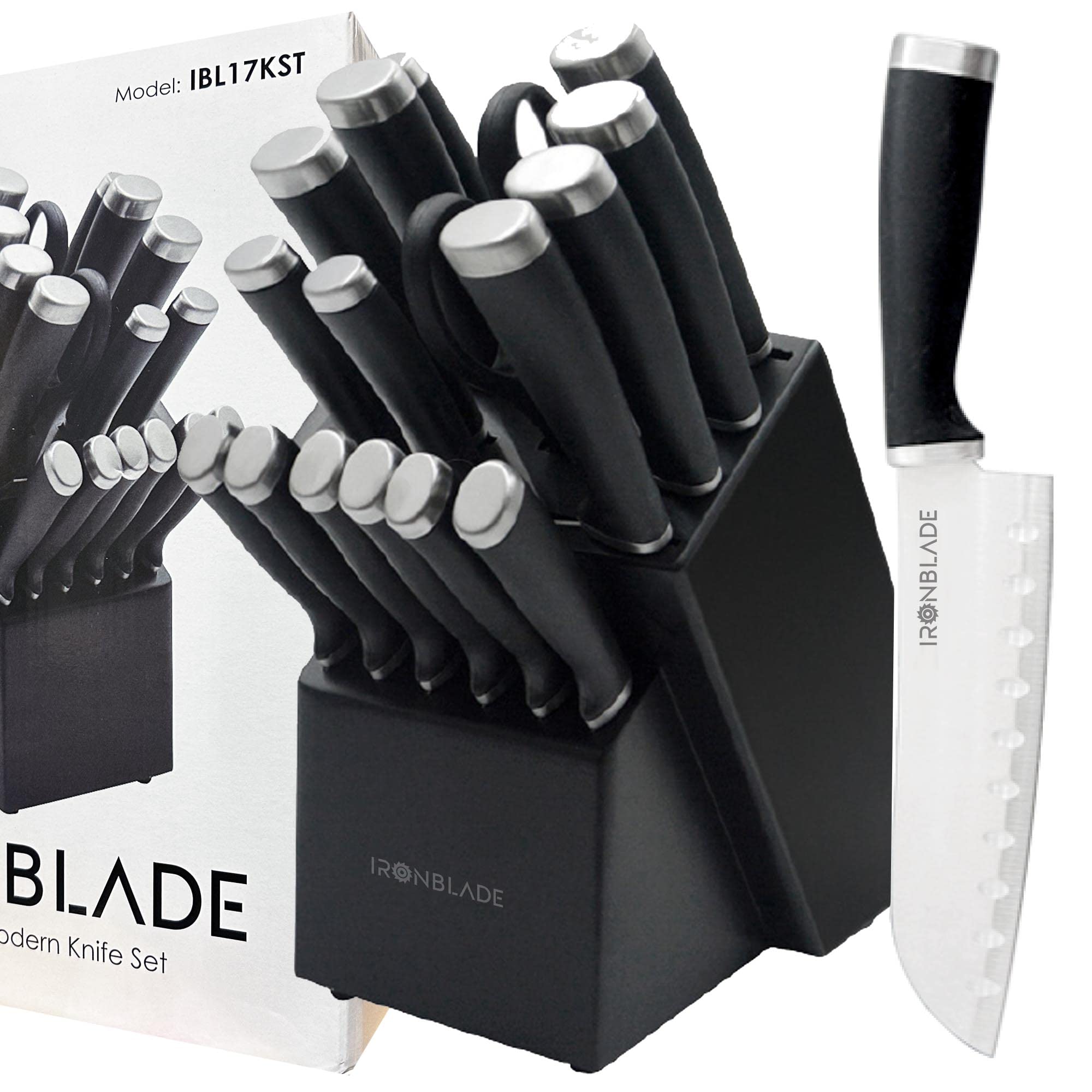 IRONBLADE Knife Set, 17-Pieces Kitchen Knife Set with Block Wooden German Stainless Steel with Special Blade Sharpener